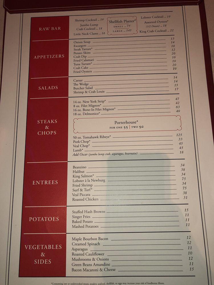Menu at Butcher and Singer steakhouse, Philadelphia
