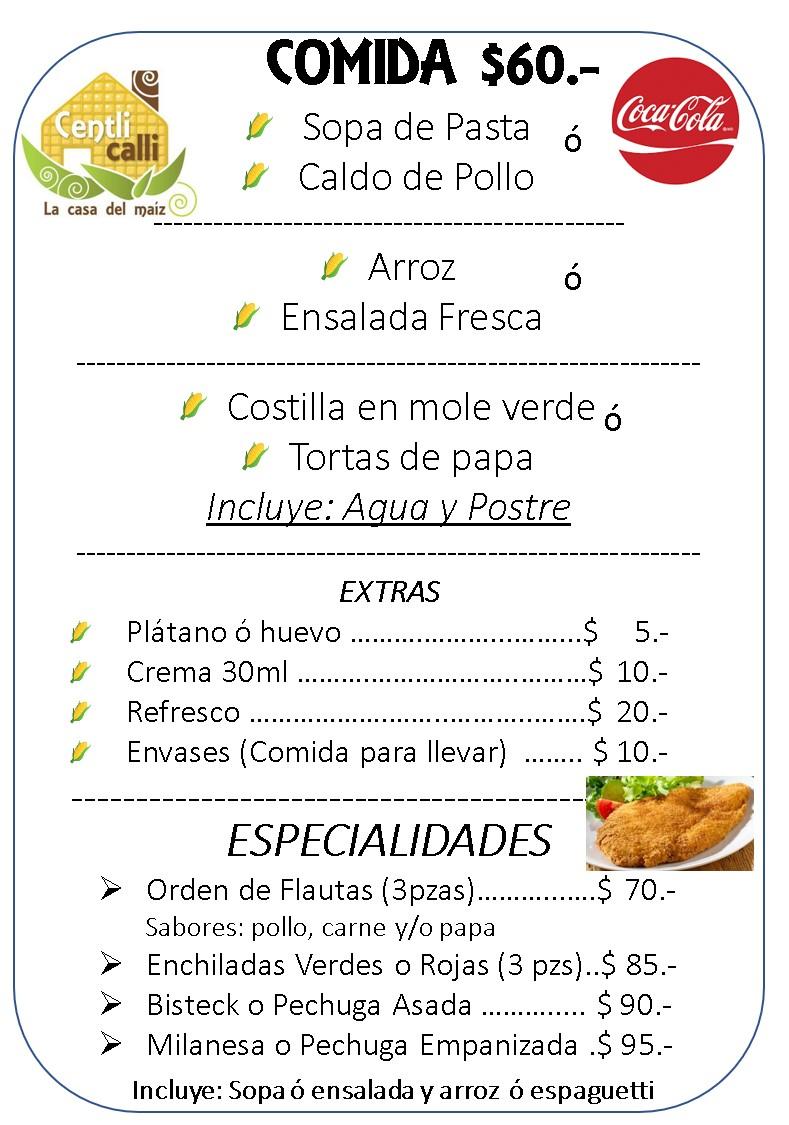 Menu at Centli calli "La casa del maiz" restaurant, Cuautitlán Izcalli