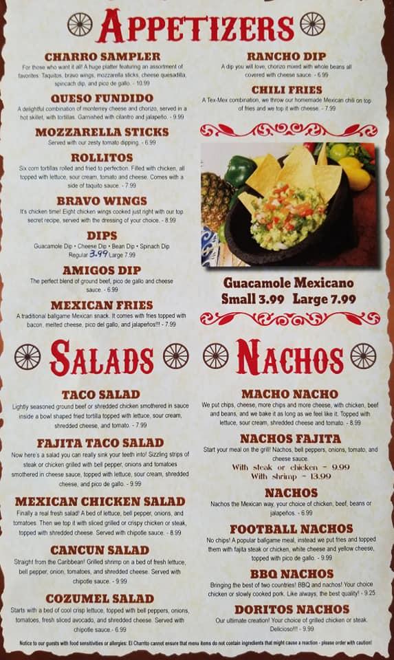 Menu at El Charrito's restaurant, Water Valley, 119 N Main St