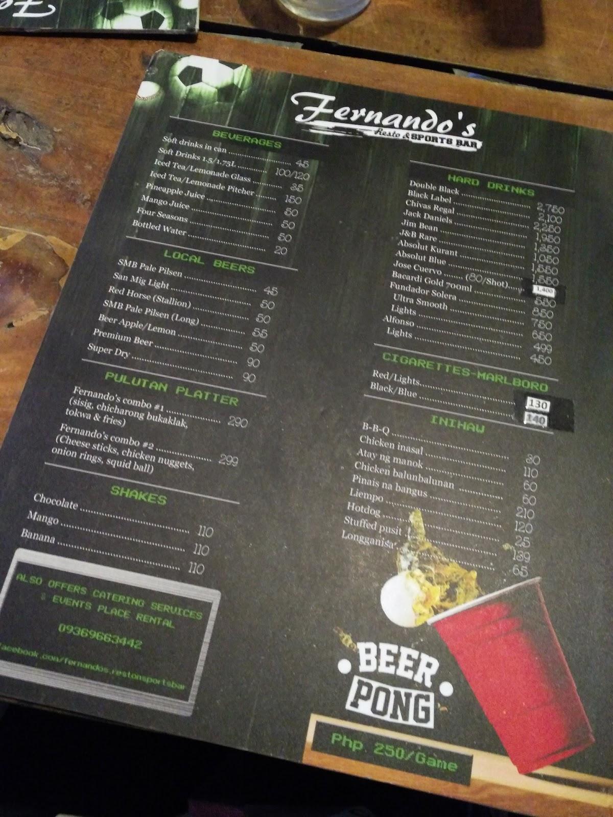 Menu at Fernando's Restaurant And Sports Bar, Malolos