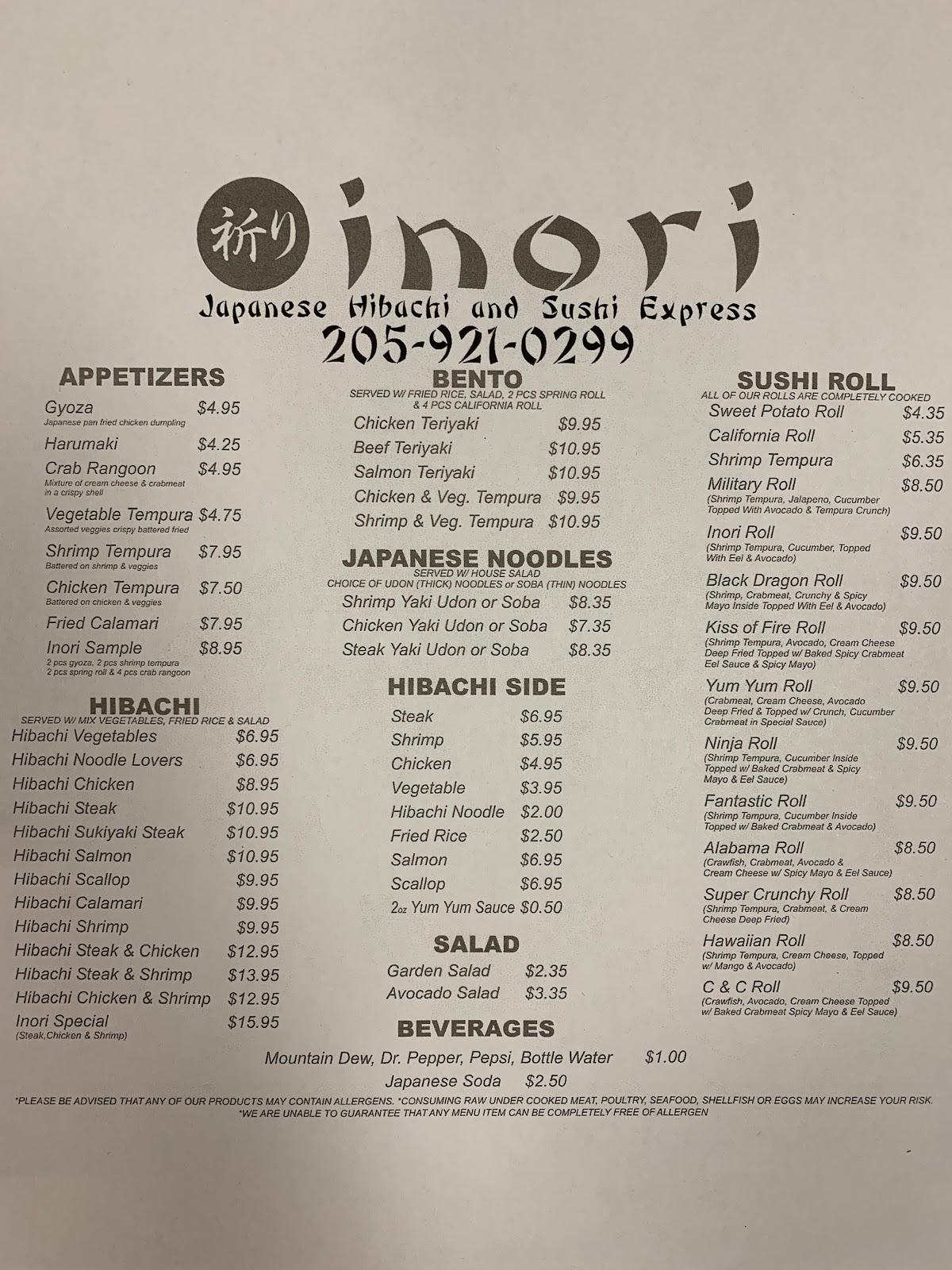Menu at Inori Japanese Hibachi and Sushi Express restaurant, Hamilton