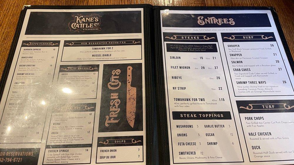Menu at Kane's Cattle Co. steakhouse, Crystal River