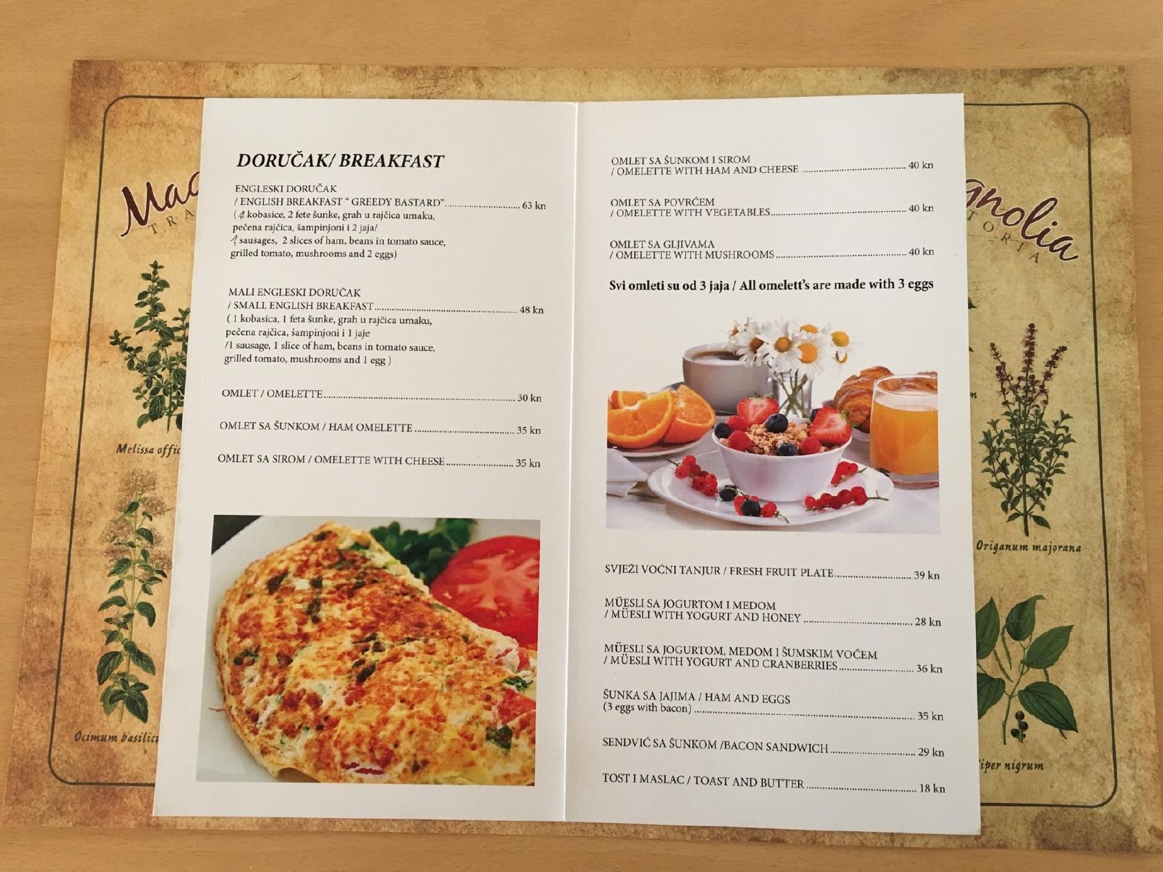 Menu at Magnolia restaurant, Tisno