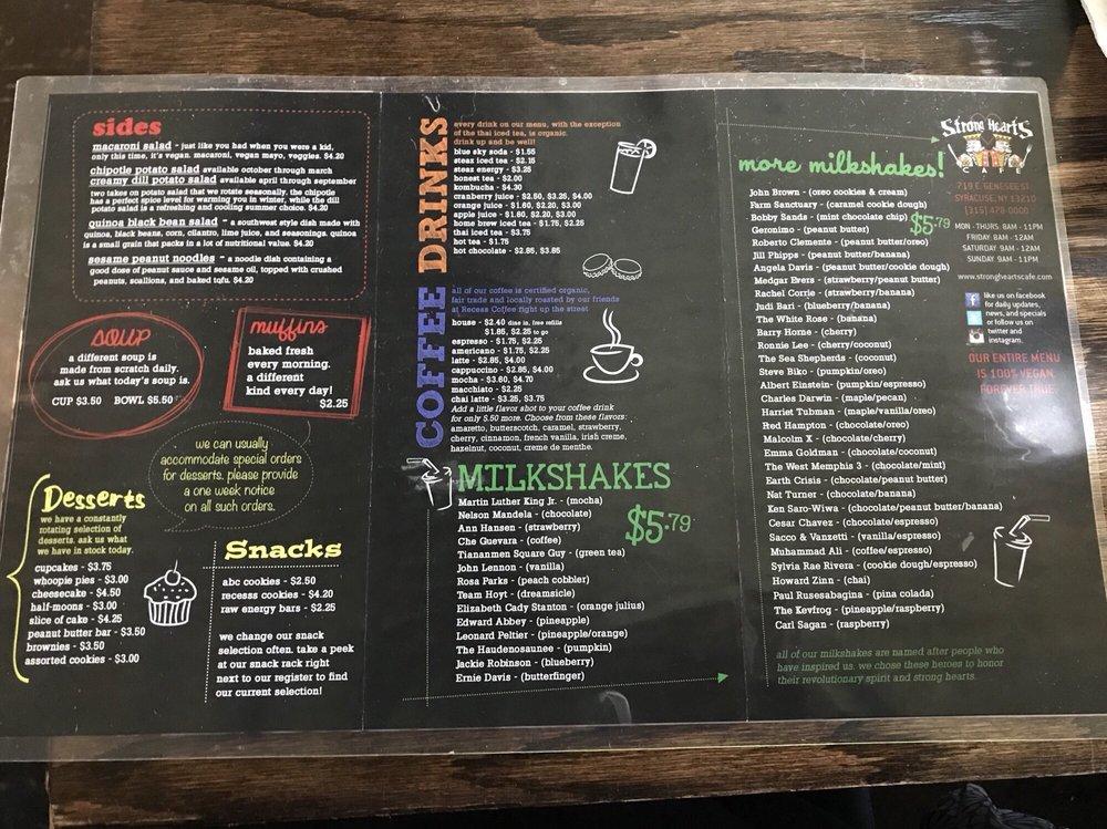 Menu at Strong Hearts cafe, Syracuse, 315 Irving Ave