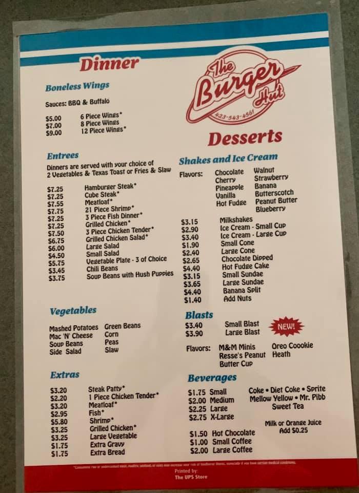 Menu at Burger Hut restaurant, Elizabethton, 440 TN-91