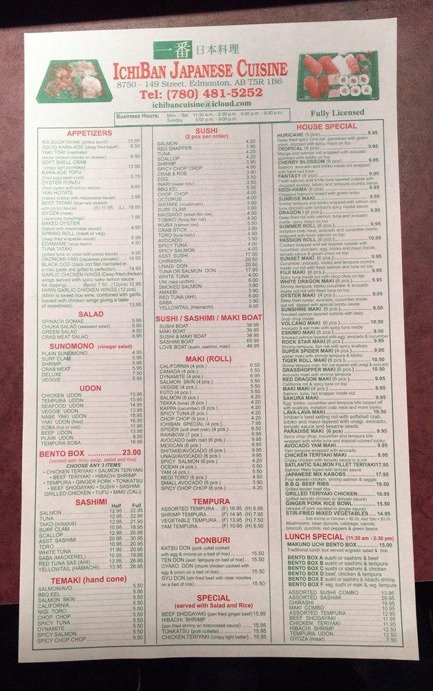 Menu at Ichiban restaurant, Edmonton