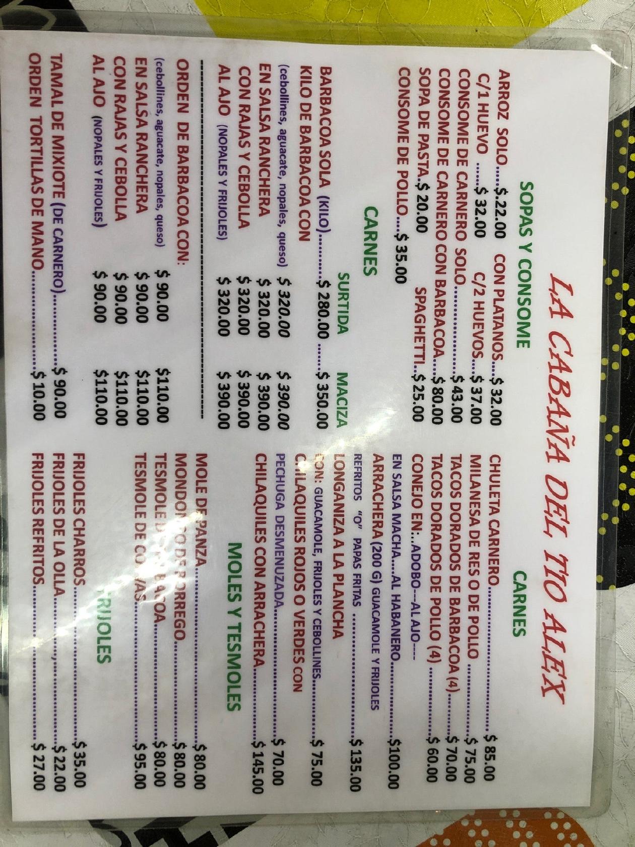Carta del restaurante La Cabaña del Tío Alex, Orizaba
