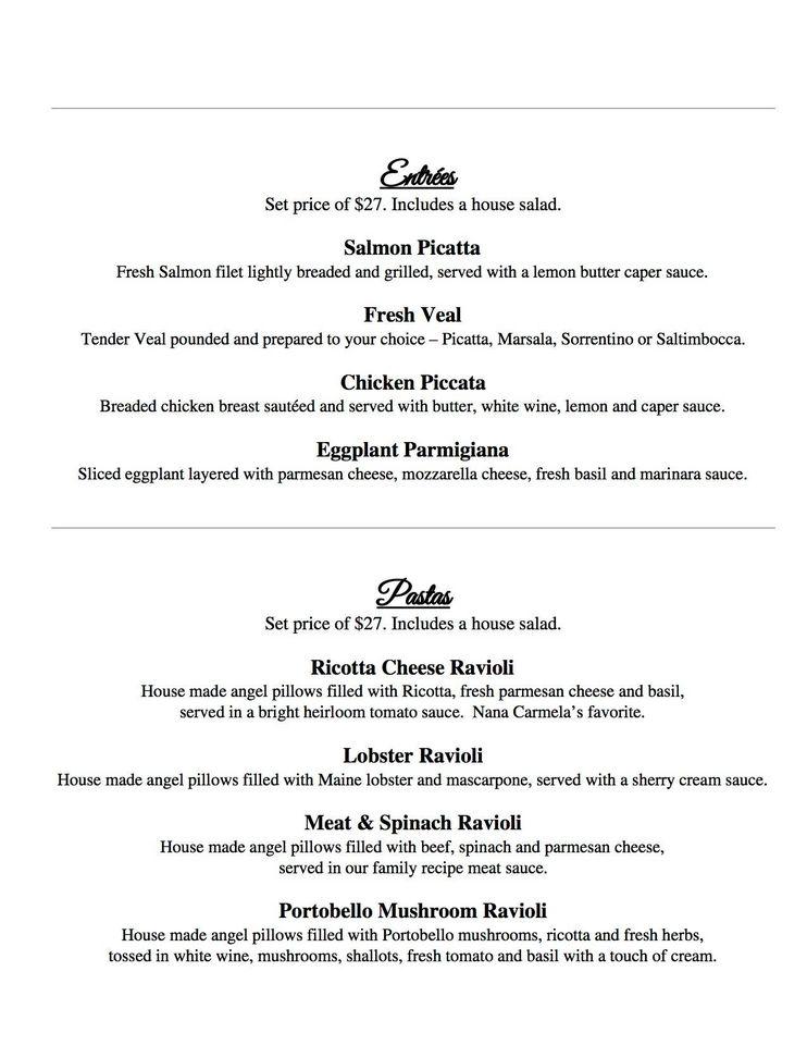 Menu at La Mia Cucina restaurant, Pacific Grove