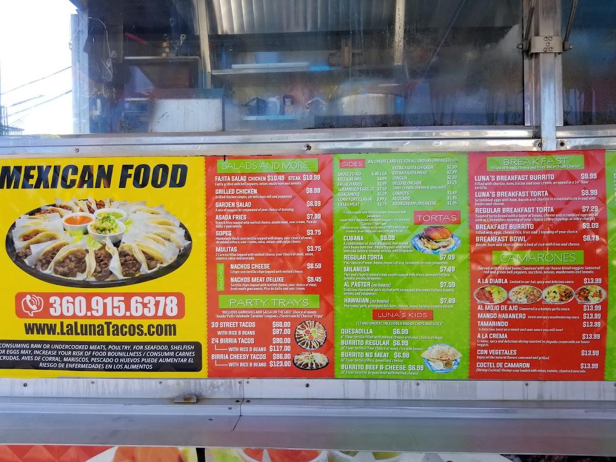 Carta del restaurante La luna Tacos, Olympia, 406 Water St SW
