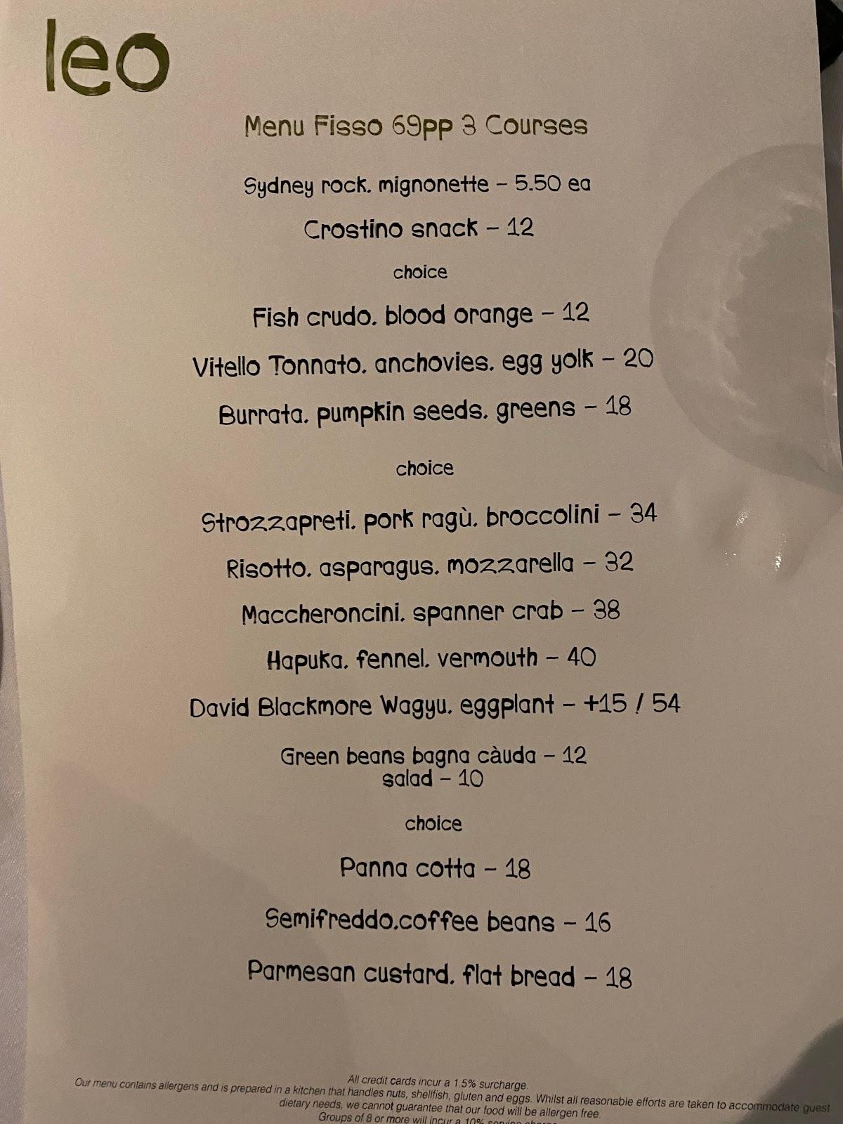 Menu at Restaurant Leo, Sydney