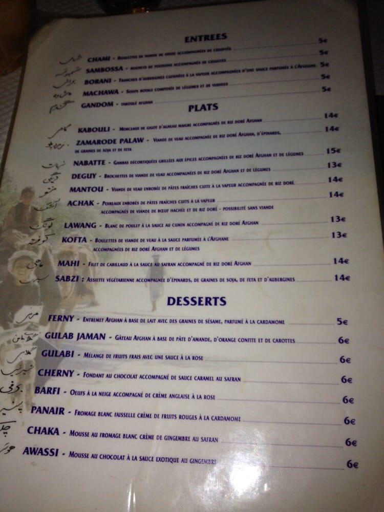 Menu at Afghan Café, Vannes