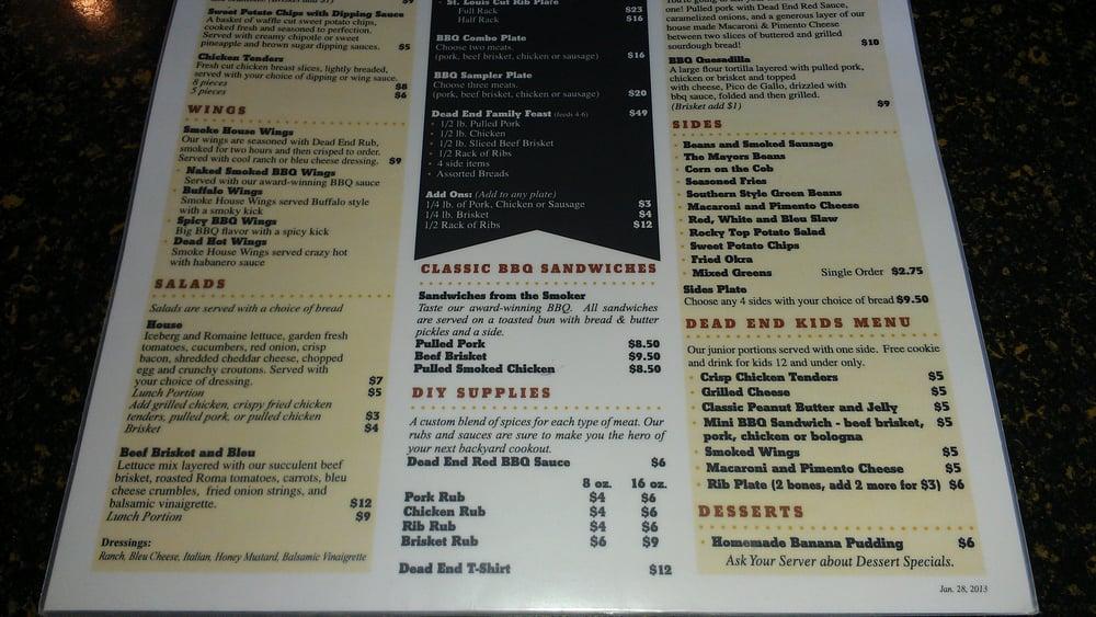 Menu at Dead End BBQ, Knoxville, Sutherland Ave