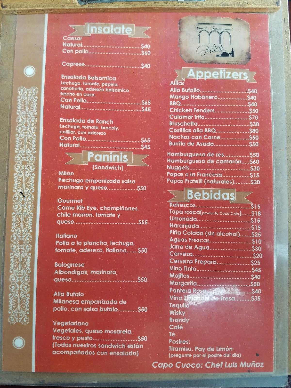 Menu at Fratelli restaurant, San Julián