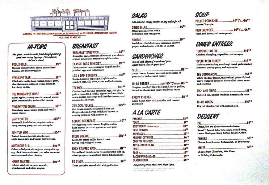 Menu at Hi-Lo Diner restaurant, Minneapolis, E Lake St