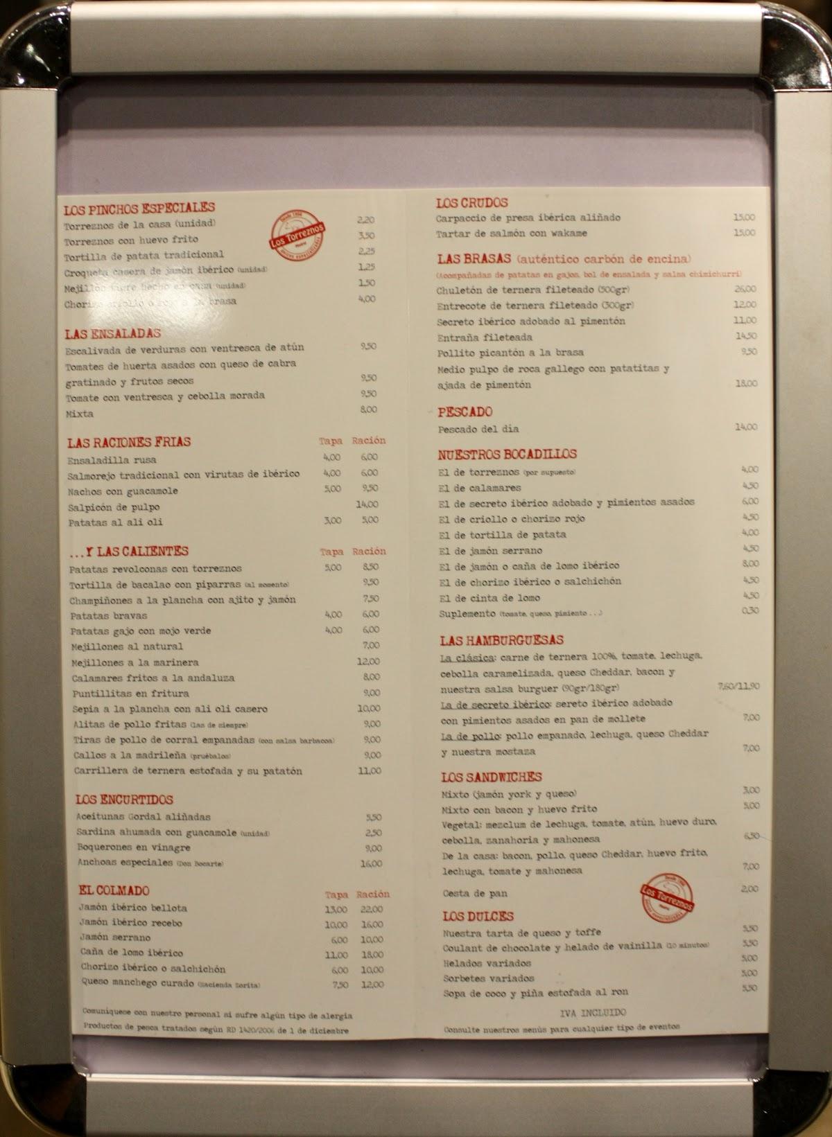 Carta del pub y bar Los Torreznos Lopez del Hoyos, Madrid, Calle López ...