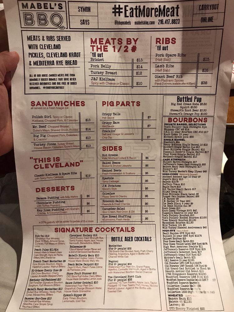 Menu at Mabel's BBQ, Cleveland