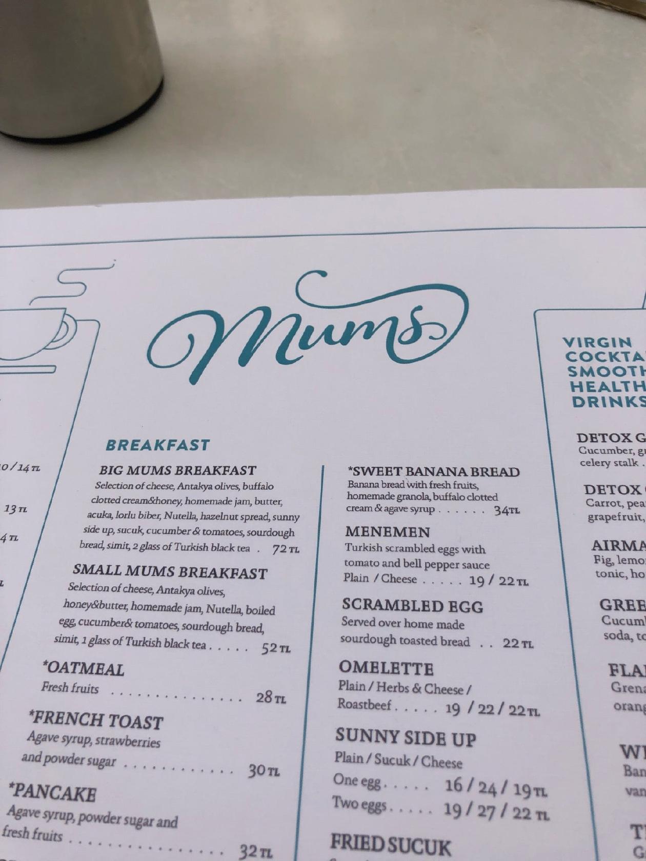 Menu at Mum's Cafe, Istanbul, Fransız Gç Sokağı 1/16 D:17