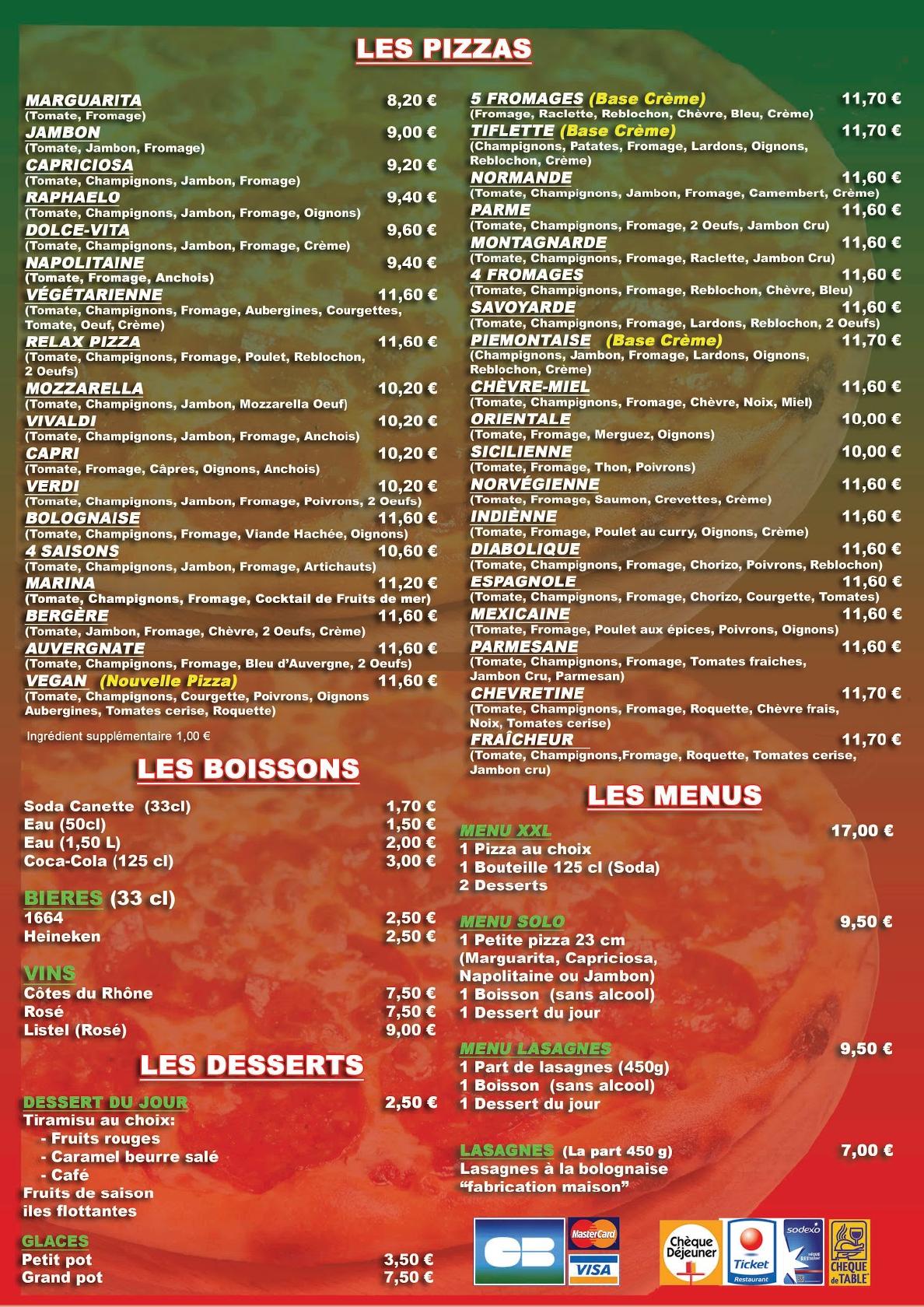 Carta de pizzería Pizza Relax, Annecy-le-Vieux