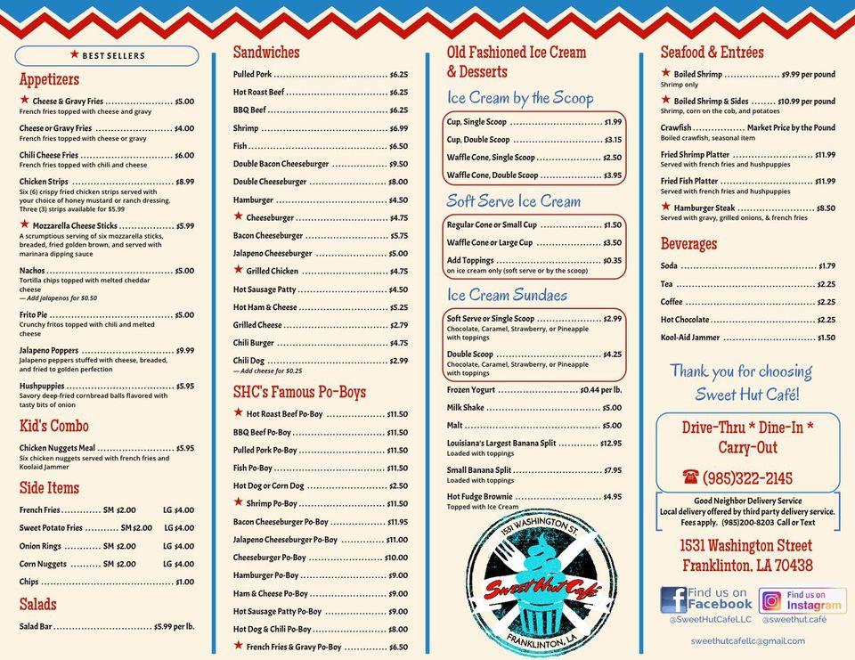 Menu at Sweet Hut Cafe, Franklinton