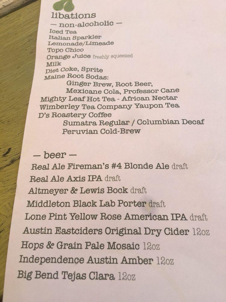Menu at The Leaning Pear pizzeria, Wimberley