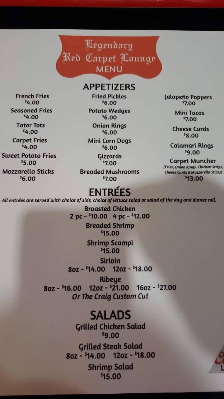 Menu at The Legendary Red Carpet restaurant, Estelline
