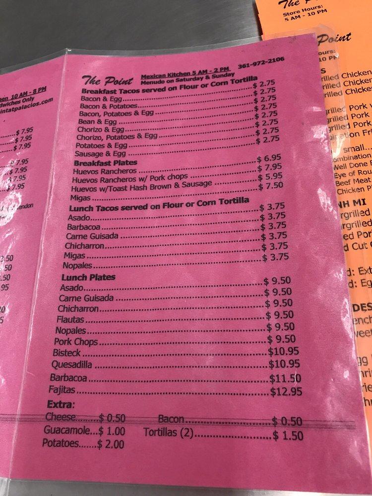 Menu at The Point restaurant, Palacios