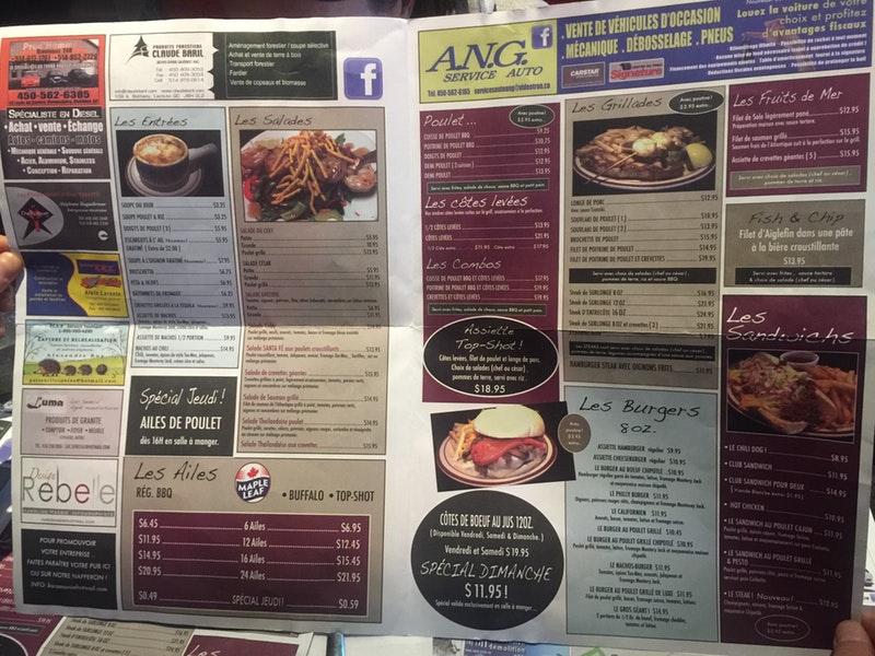 Menu au Resto Bar Top Shot, Lachute