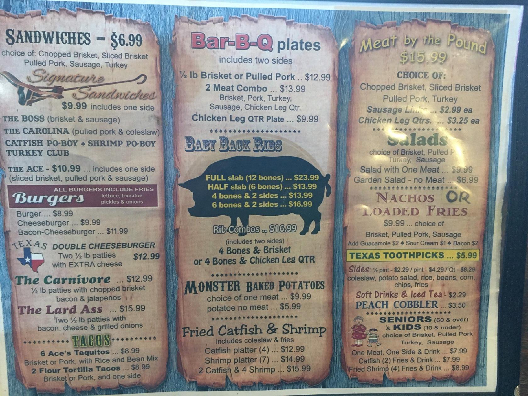 Menu at Ace's BBQ, Mission