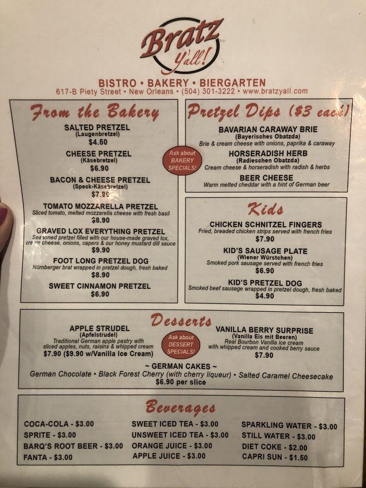 Carta de Bratz Y'all! Bistro • Bakery • Biergarten, Nueva Orleans