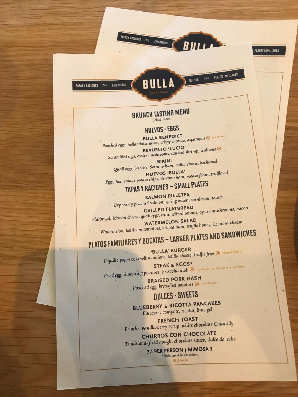 Menu at Bulla Gastrobar, Atlanta