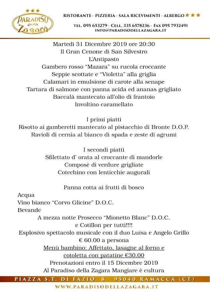 Carta del restaurante Paradiso della zagara, Ramacca