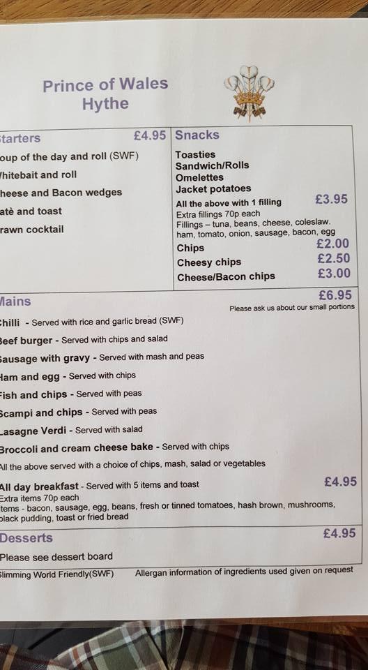Menu at Prince Of Wales pub & bar, Hythe