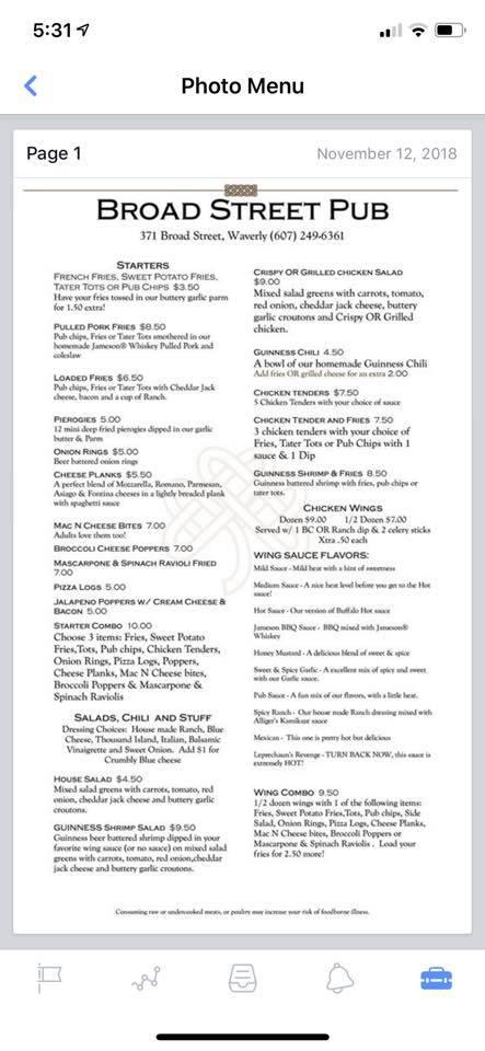 Menu at Broad Street Pub, Waverly
