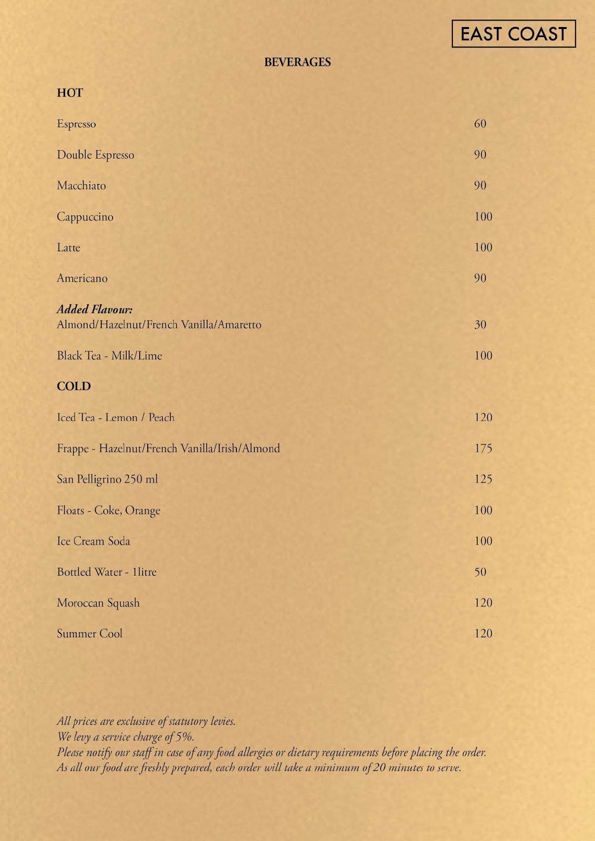 Menu at East Coast at Madras Square, Chennai, 2/520