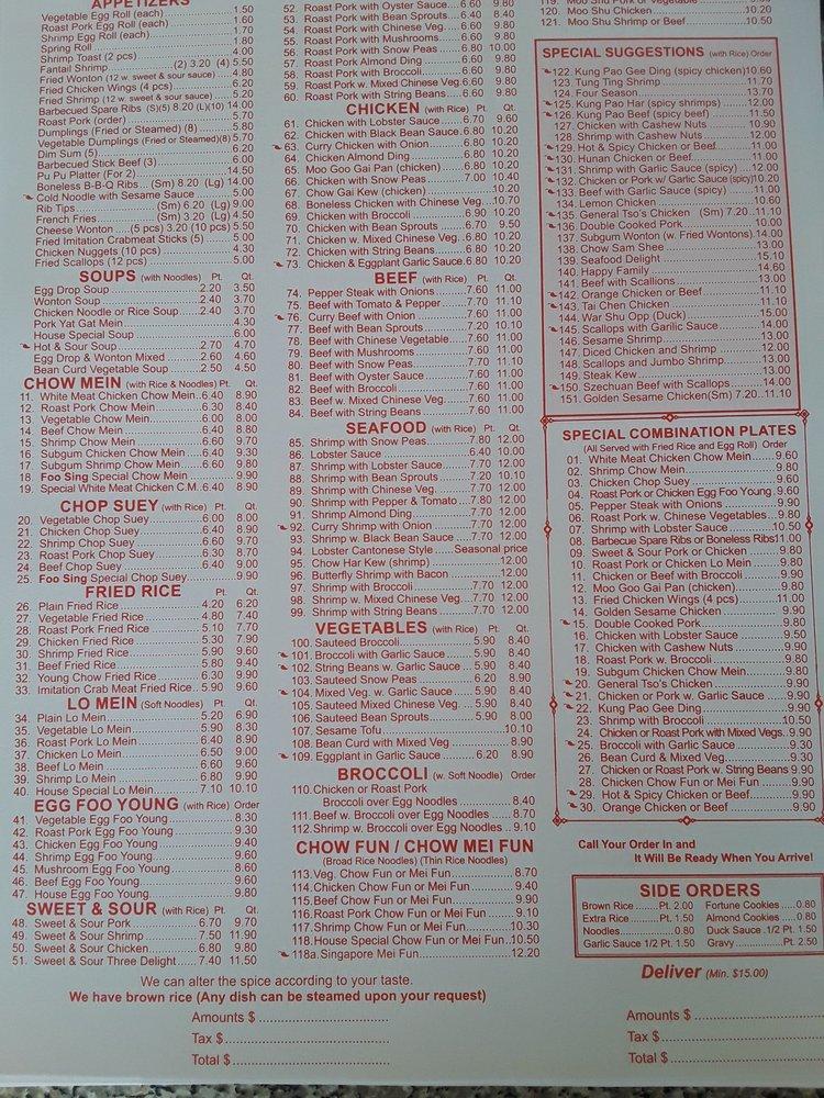 Carta del restaurante Foo Sing Kitchen, Mastic