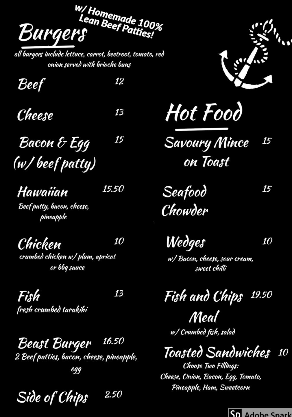 Menu at Marina Cafe, Tauranga
