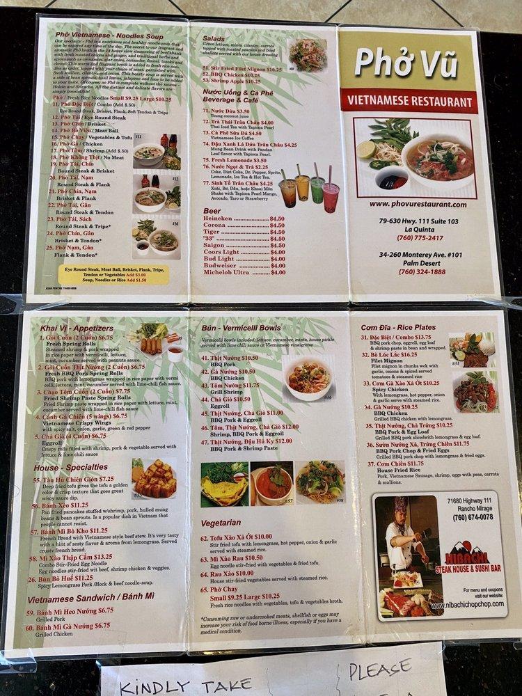 Menu at Phở Vu restaurant, Palm Desert, Monterey Ave