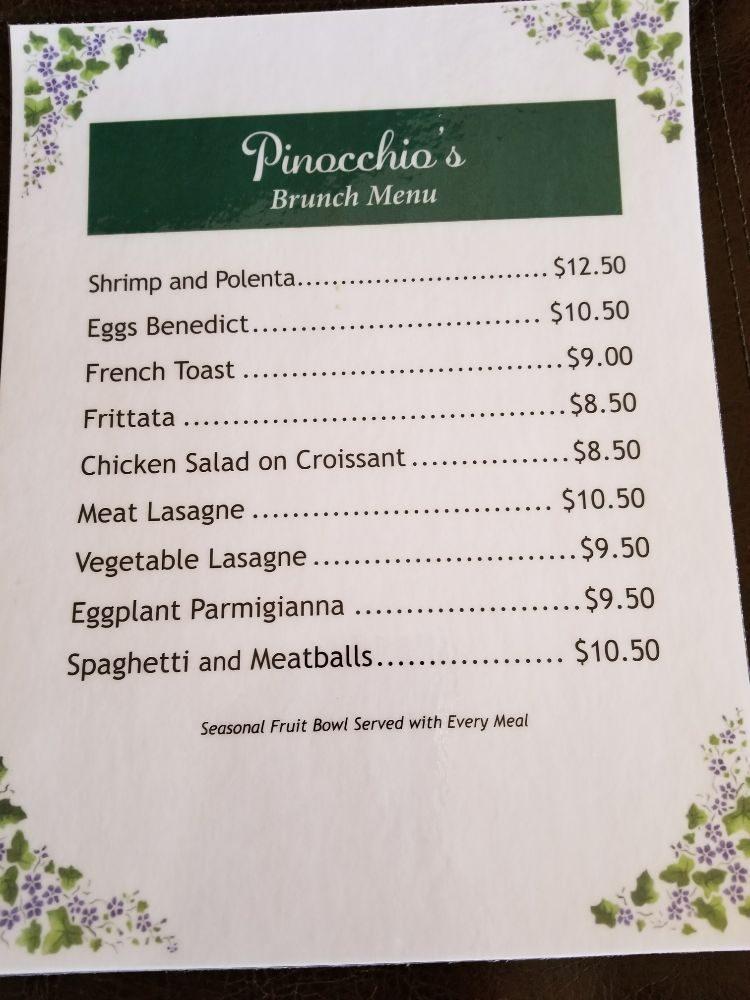 Menu at Pinocchio's Italian Restaurant., Spencer