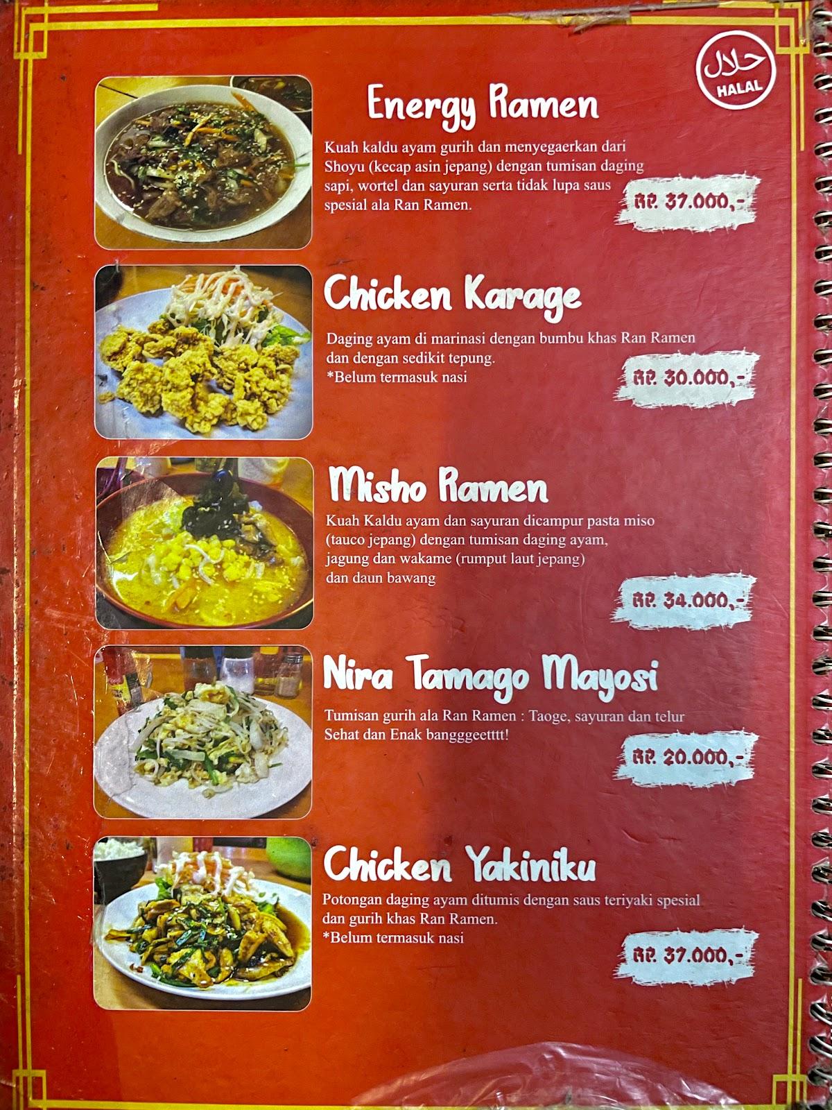 Menu at RAN Ramen restaurant, South Jakarta