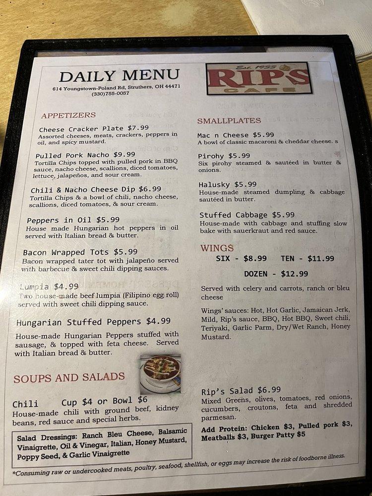 Menu at Rips Cafe, Struthers