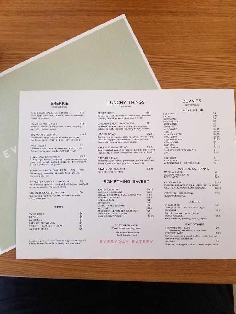 Menu at Everyday Eatery cafe, Irvine