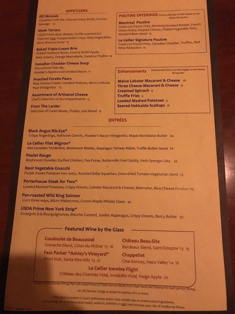 Menu at Le Cellier Steakhouse, Orlando, N Avenue