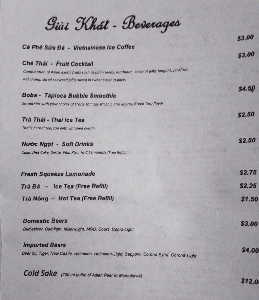 Menu at Pho DaLat restaurant, Tempe