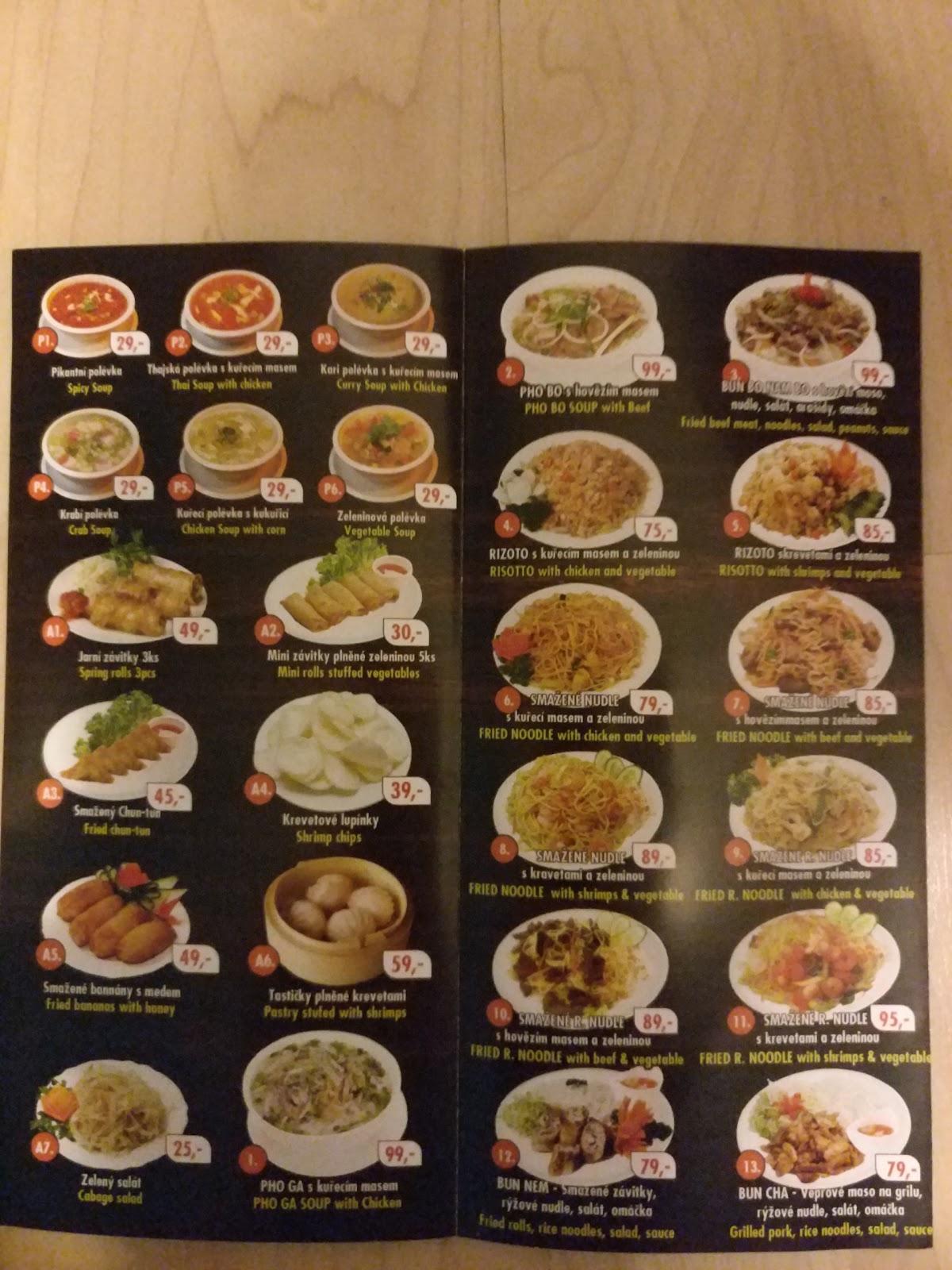 Menu at Saigon bistro restaurant, Prague