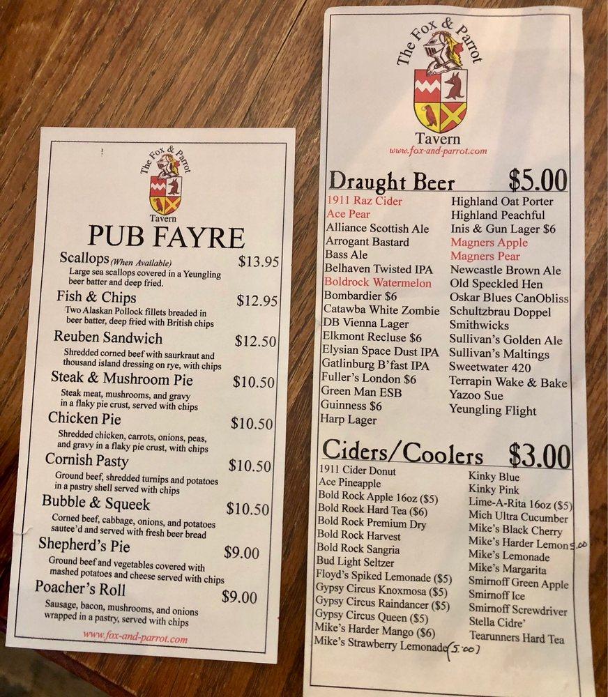 Menu at The Fox & Parrot Tavern pub & bar, Gatlinburg