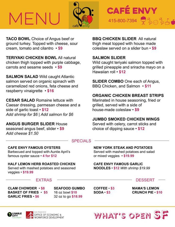 Menu at Cafe Envy, San Francisco