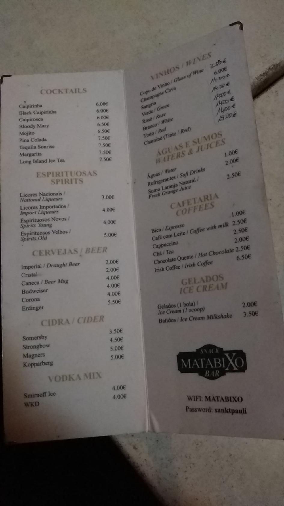 Menu at Café MatabiXo Bar, Carvoeiro, R. dos Pescadores 2 8400