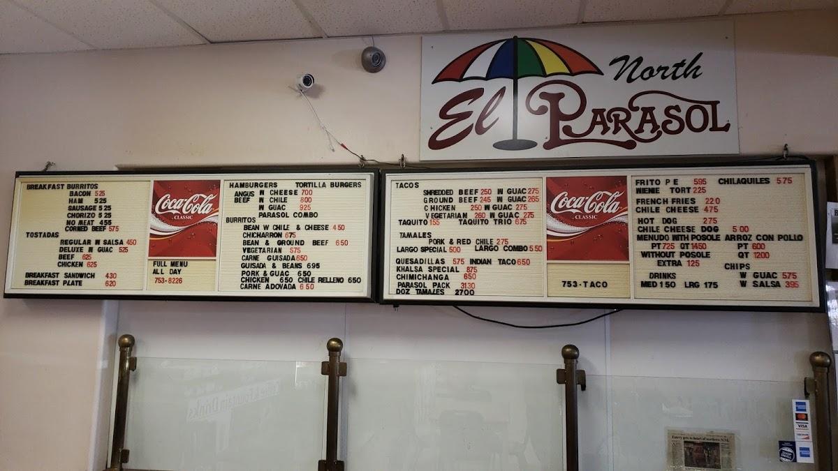 Carta del restaurante El Parasol, Ohkay Owingeh, NM-68