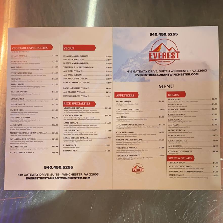 Carta de Everest Restaurant, Winchester