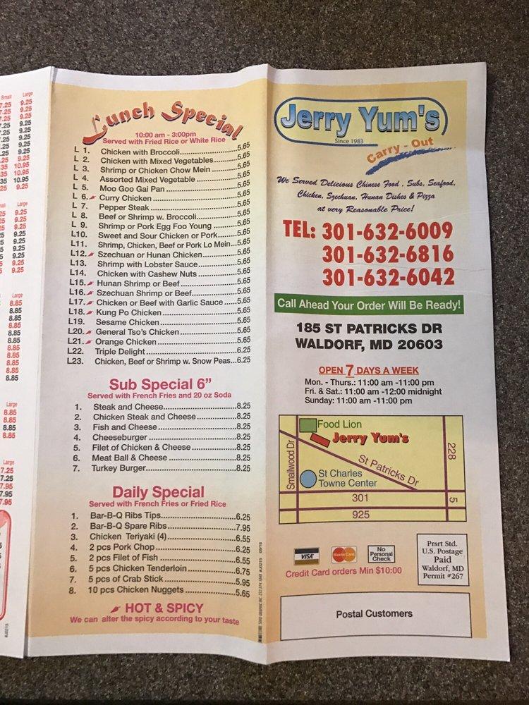 Menu at Jerry Yum's restaurant, Waldorf
